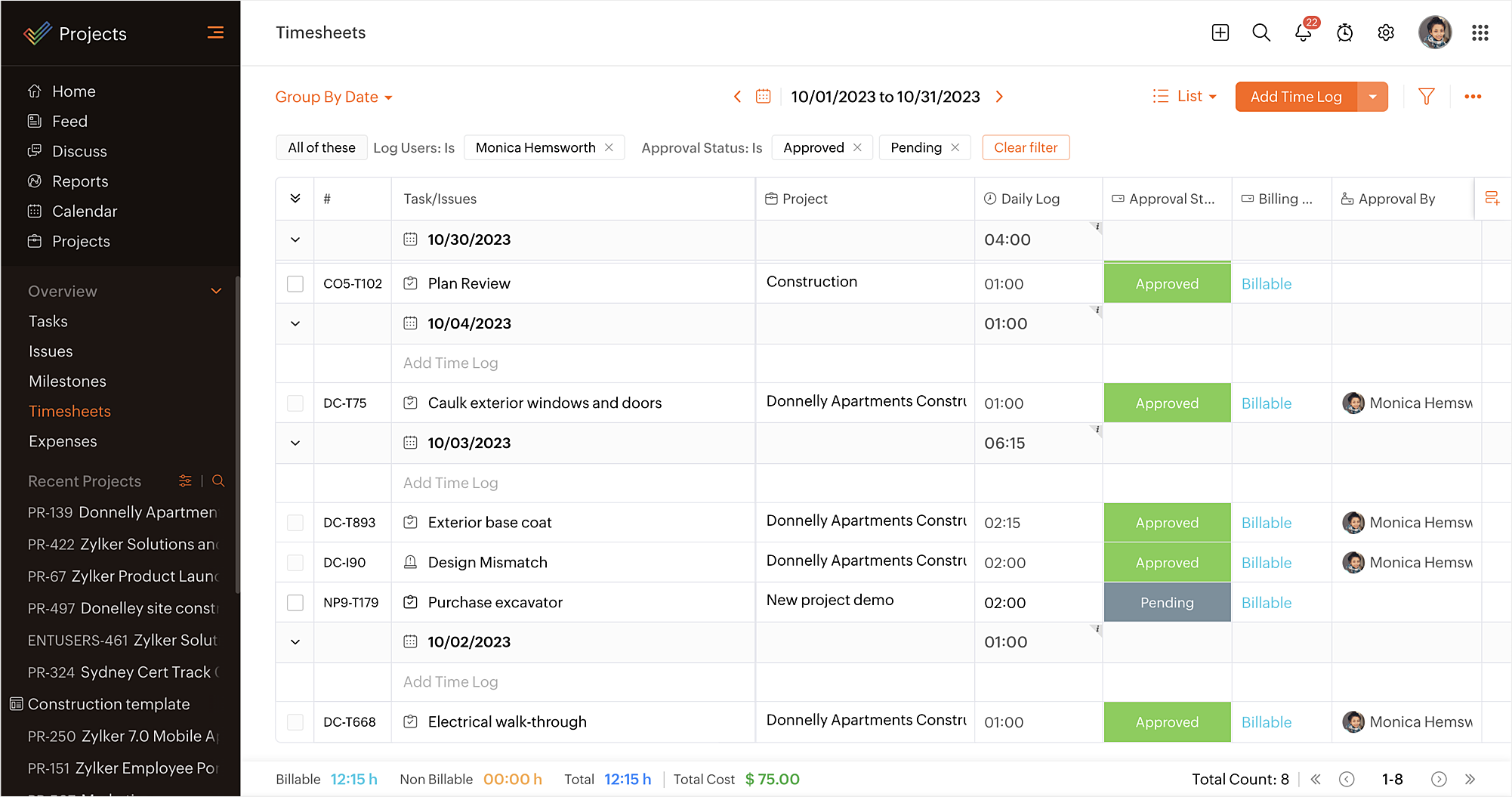 Timesheet List View | Online Help | Zoho Projects Timesheet List View | Online Help | Zoho Projects