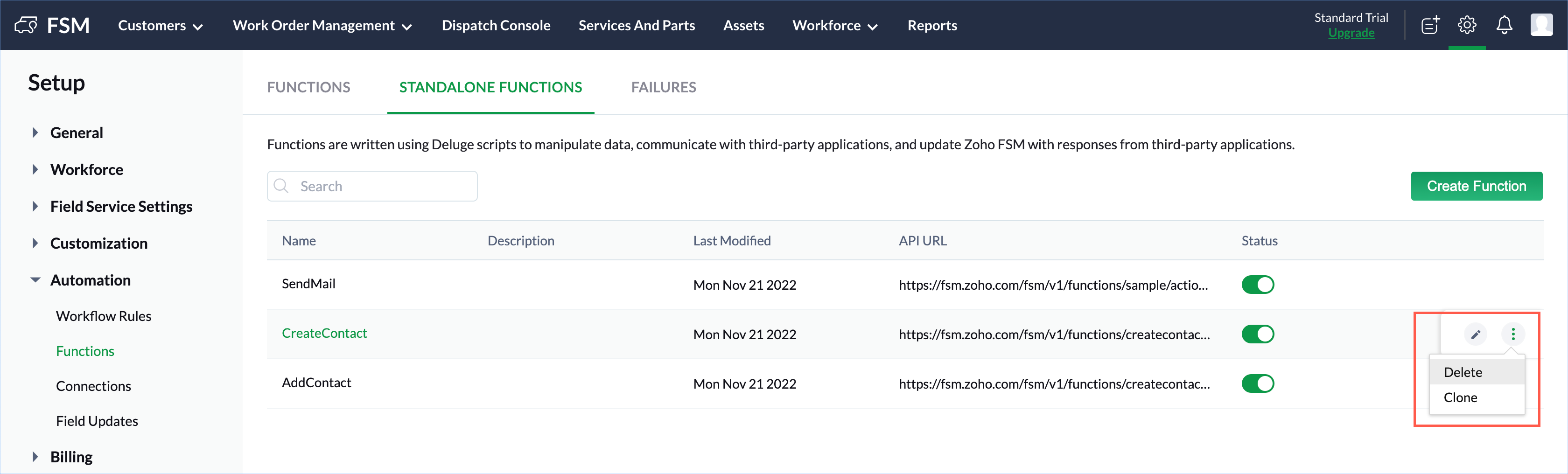 Zoho Fsm Standalone Functions