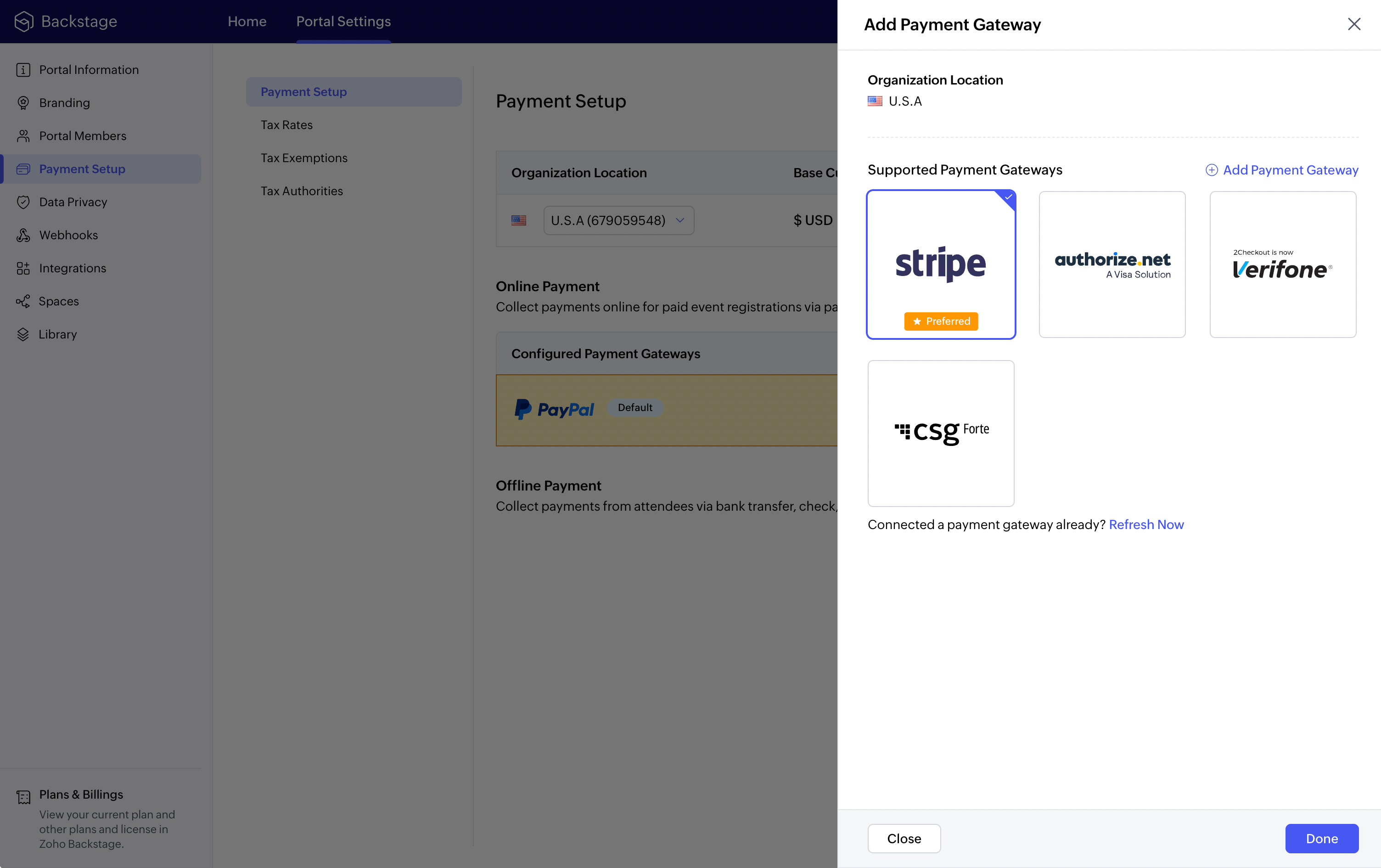 How to integrate Stripe with Zoho Backstage