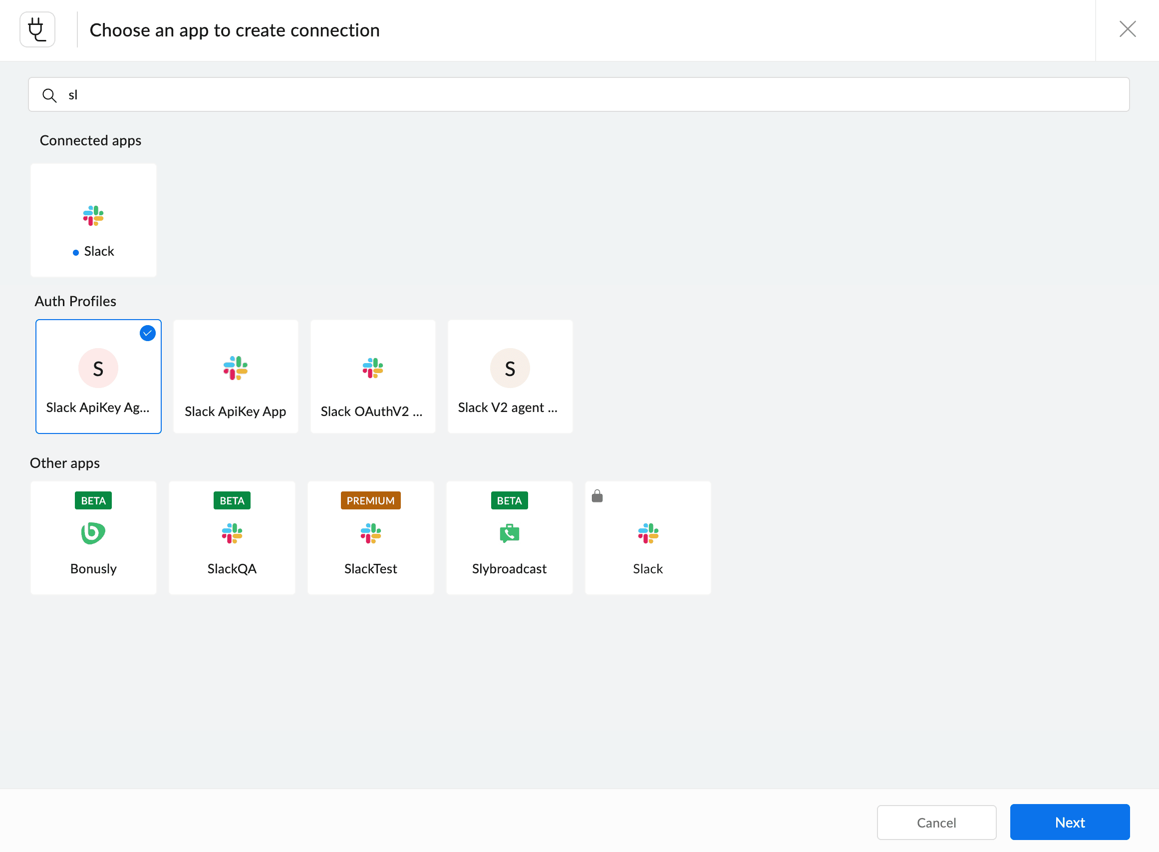 In the configuration window that appears, choose an app to create a connection, select it under ...