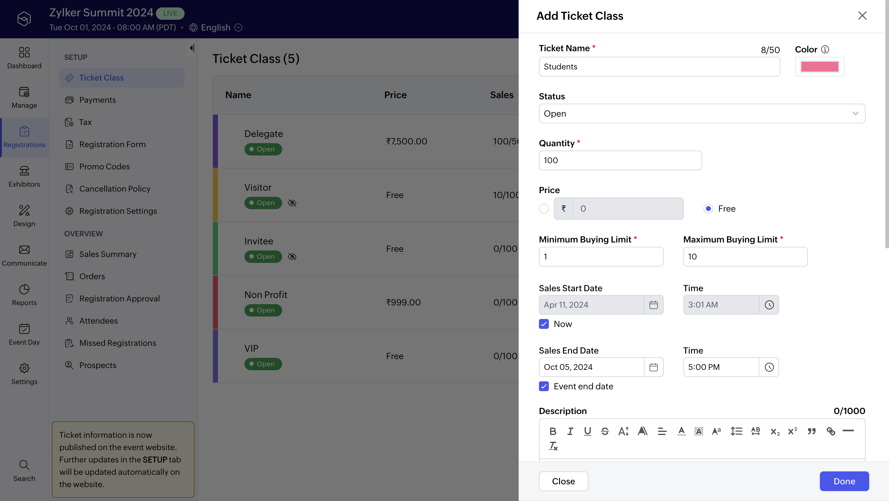 How to set up ticket classes in Zoho Backstage