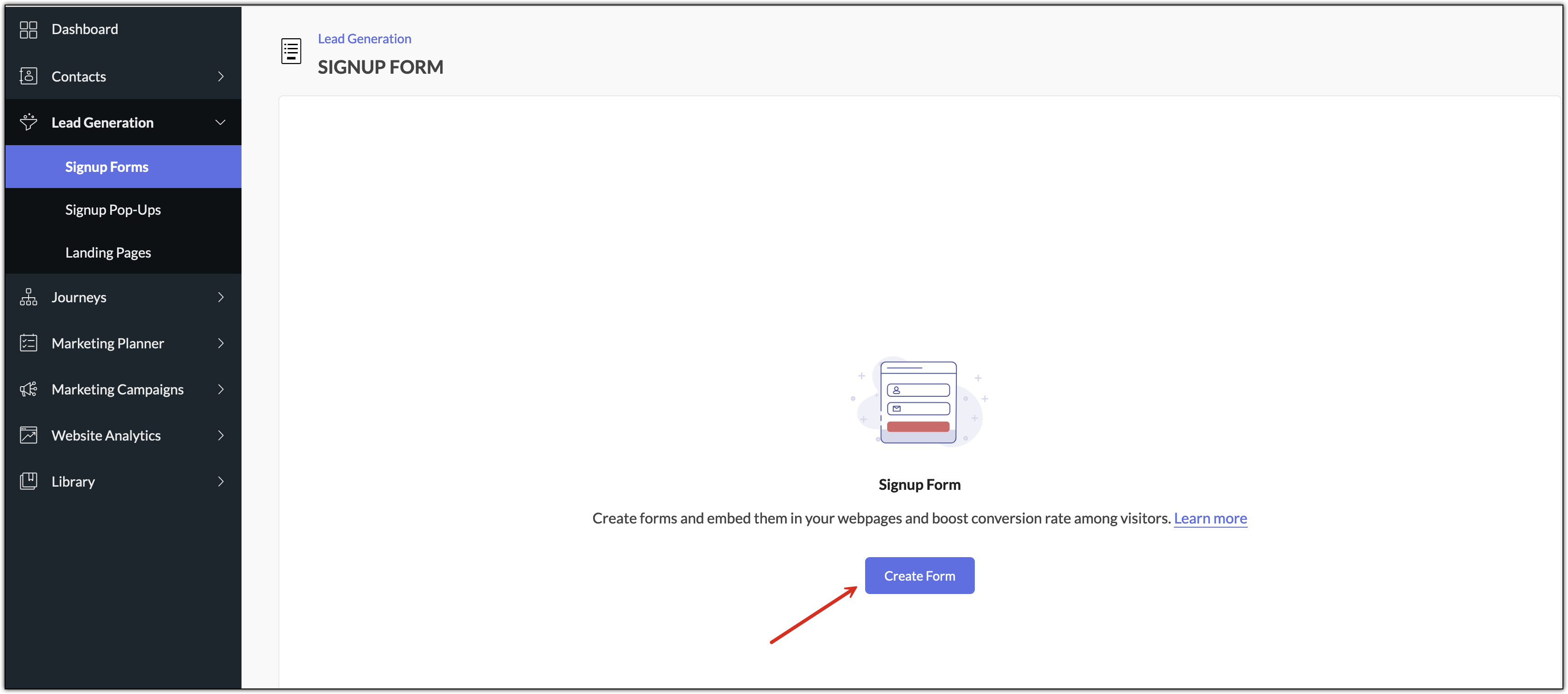 If you have created signup forms already, click Create at the top-right corner of the page.