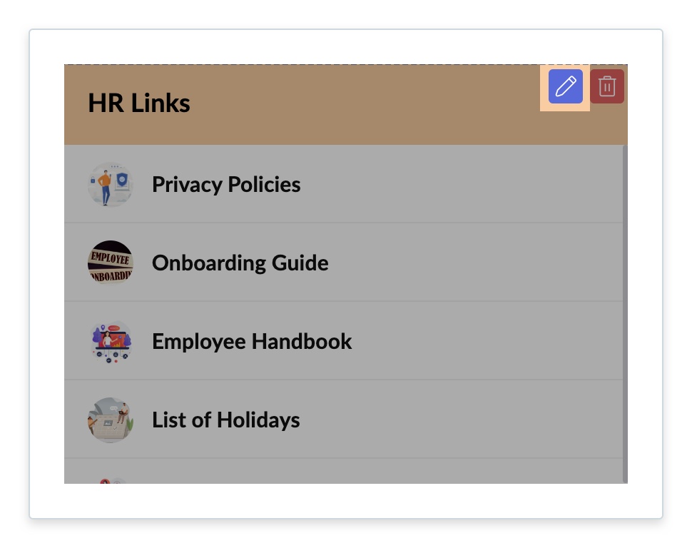 From the list of links, hover above the required one and click the pencil icon