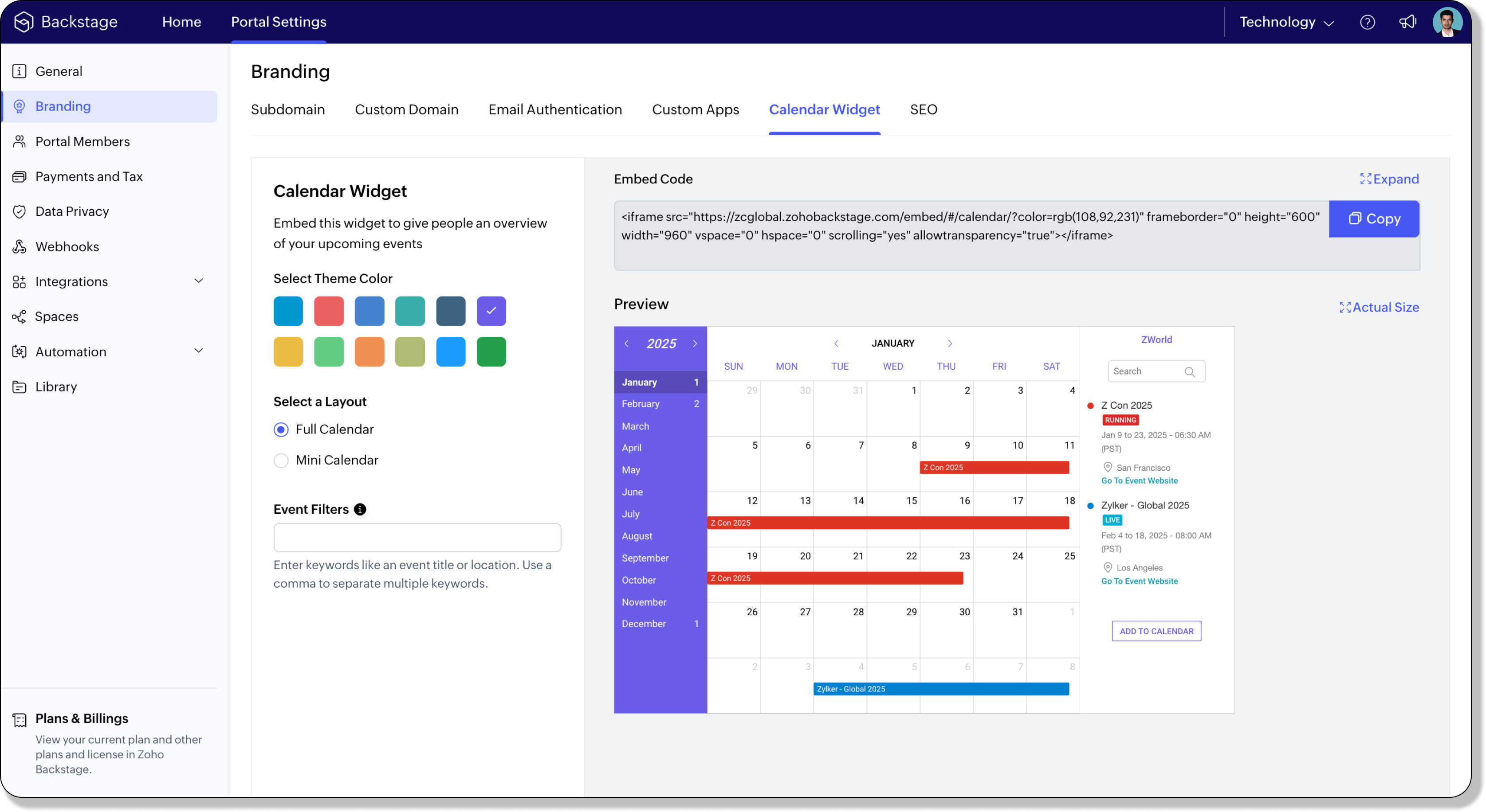 How to embed an event calendar in Zoho Backstage