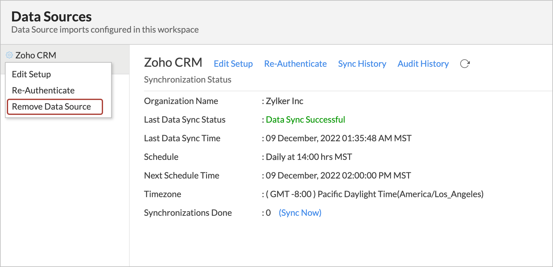 The data synchronization from Zoho CRM into this Workspace will be ...